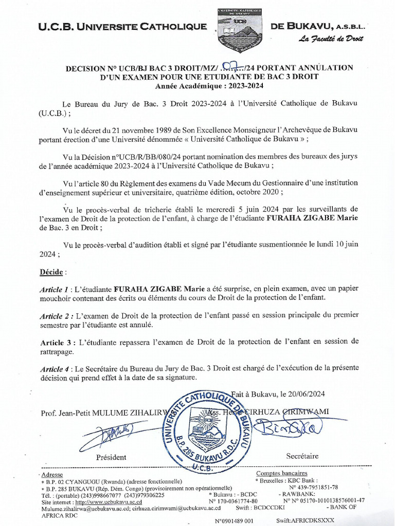 Décision Portant Annulation d'Un Examen de FURAHA ZIGAGE Marie | PDF