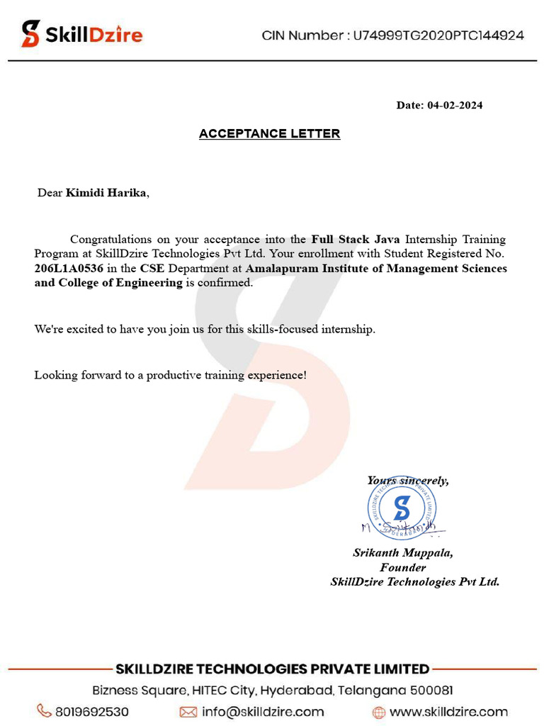 Kimidi Harika - Acceptance Letter | PDF
