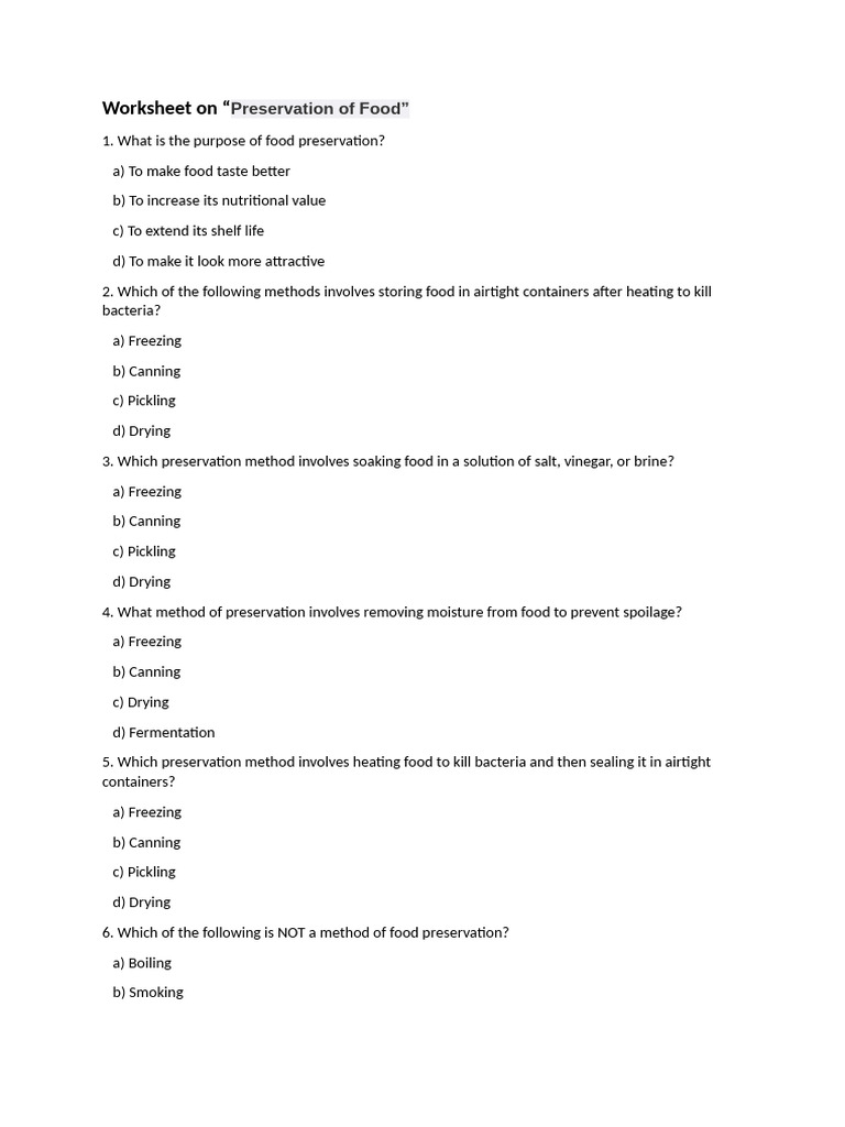 Worksheet On Preservation of Food | PDF