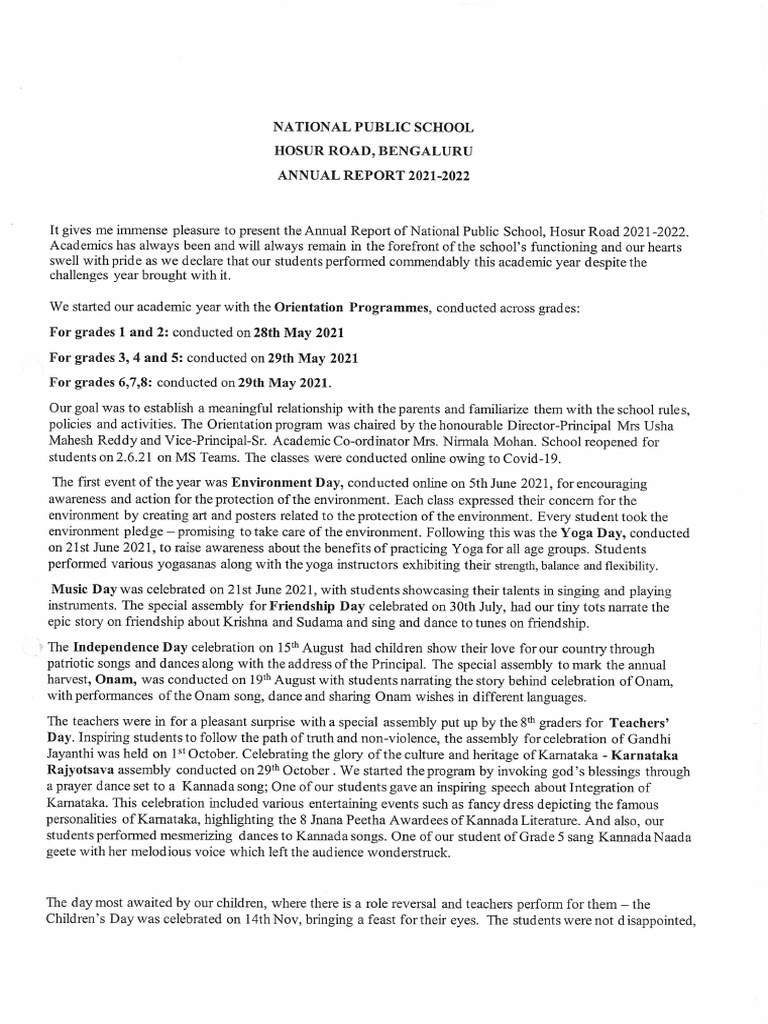 Nps Hosur Road Annual Report 2021 22 | PDF