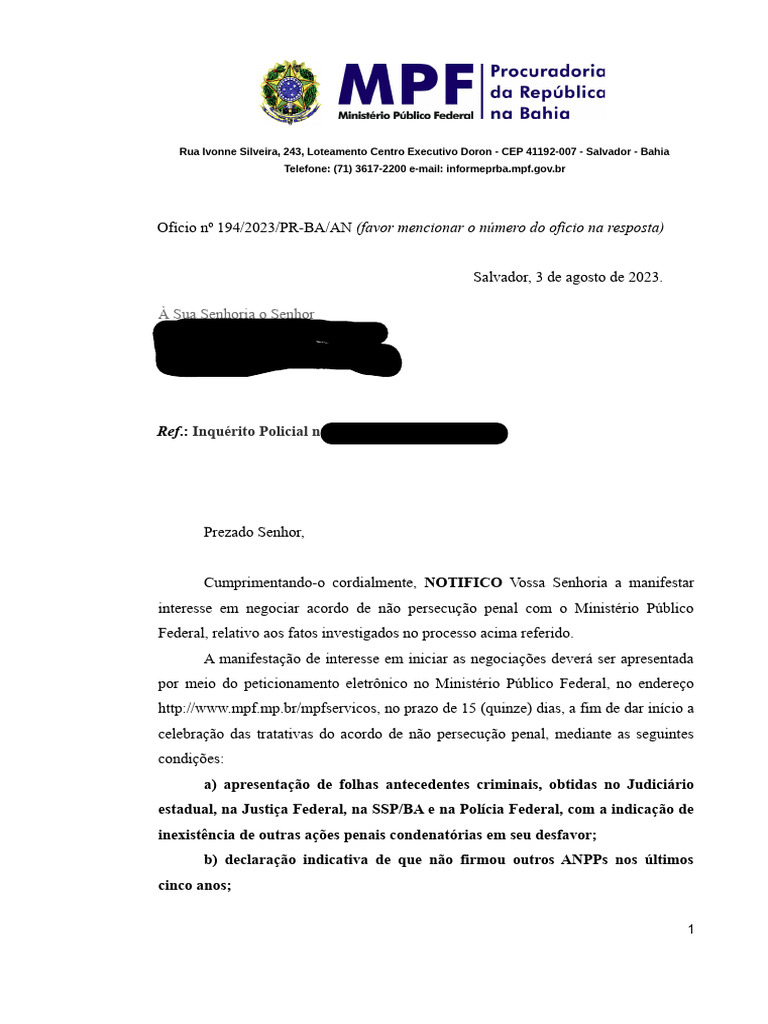 Ofício ANPP. MPF | PDF | Promotor | Crimes