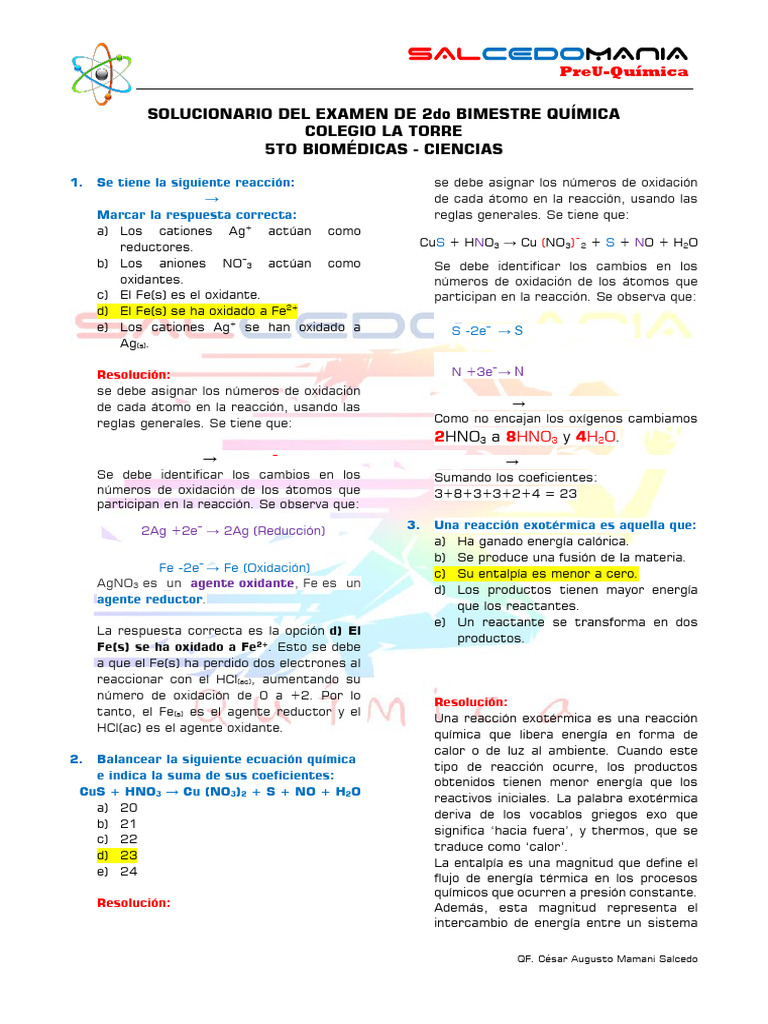 Solucionario de Ii Bimestre Quimica 5to Biomédicas y Ciencias | PDF ...