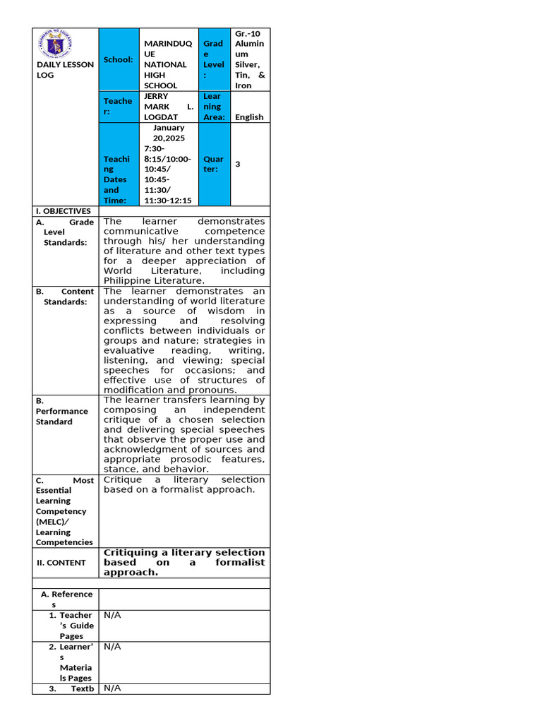 Grade 10 English Lesson: Formalist Critique | PDF | Learning | Narration