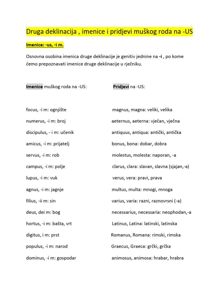 Druga Deklinacija, Imenice I Pridjevi Na - US | PDF