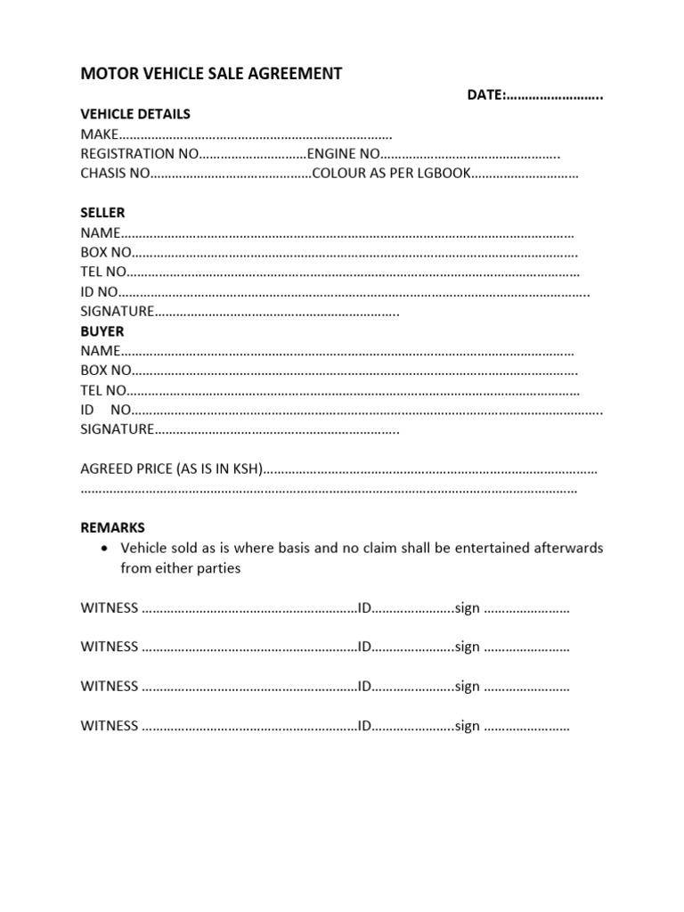 Motor Vehicle Sale Agreement | PDF