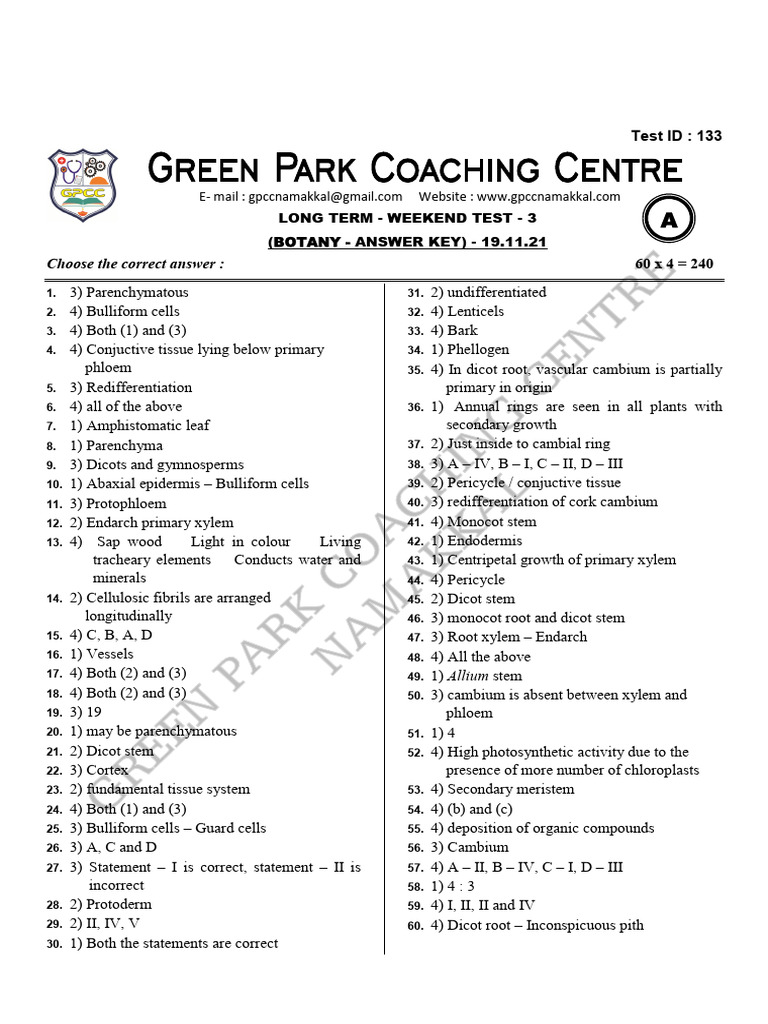 Botany Weekend Test: Plant Anatomy Answers | PDF | Plant Stem | Plant ...