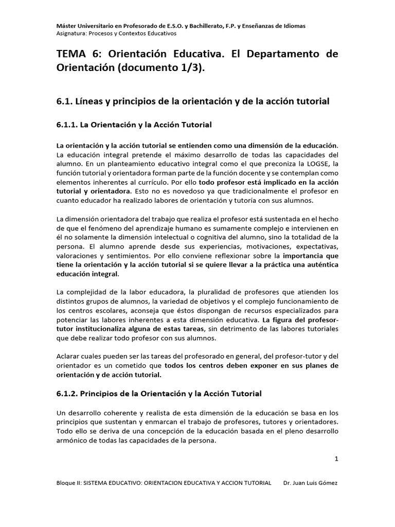 Tema 6 - 1 - Líneas y Principios de La Orientación y de La Acción Tutorial | PDF | Maestros ...