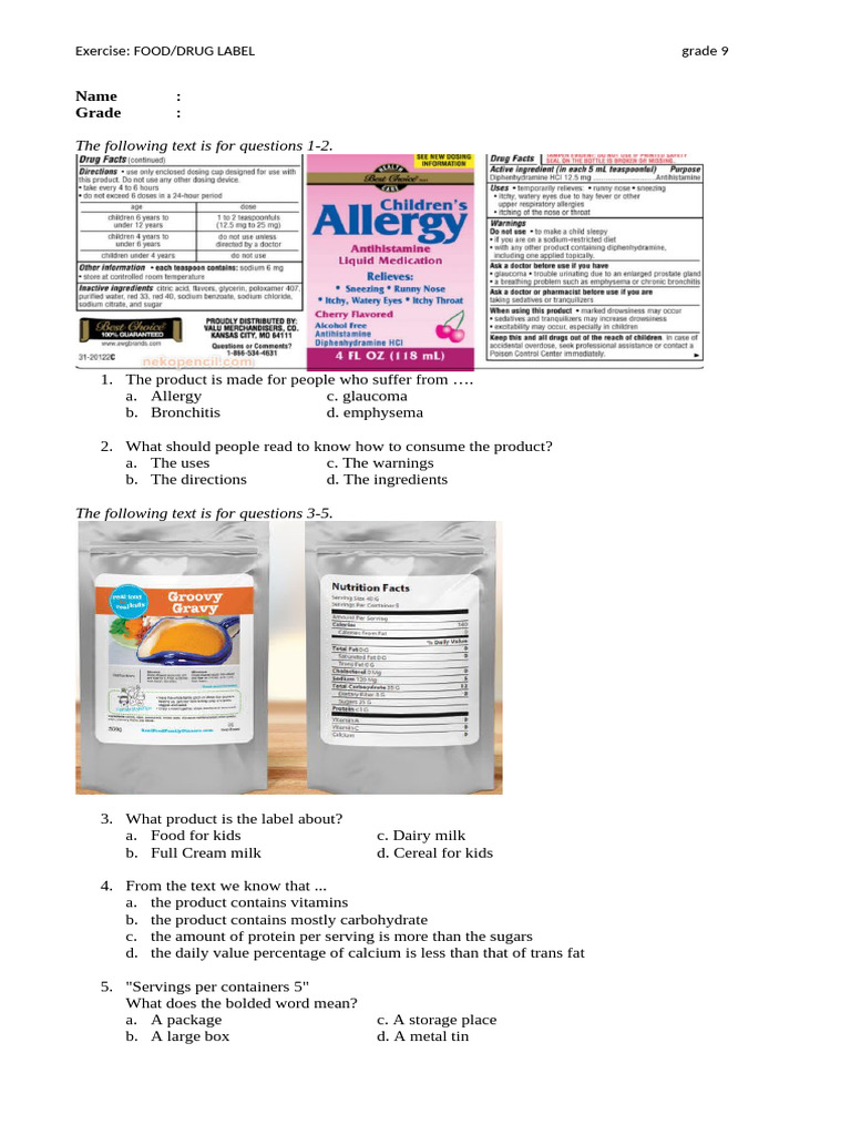 Grade 9 Food/Drug Label Quiz | PDF