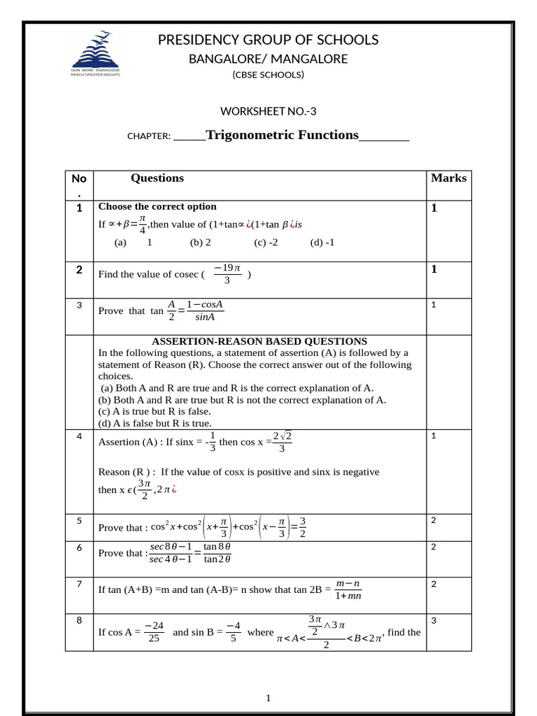 Worksheet - Grade 11 - Chapter 3 - Trigonometric Functions | PDF