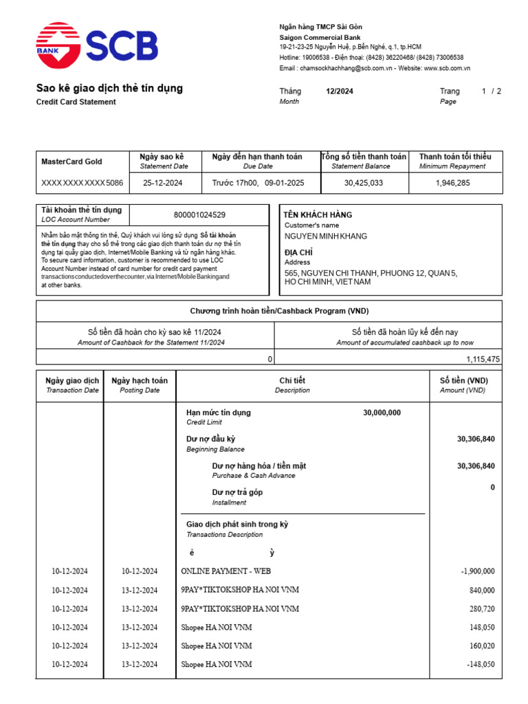 Sao kê ngân hàng SCB | PDF