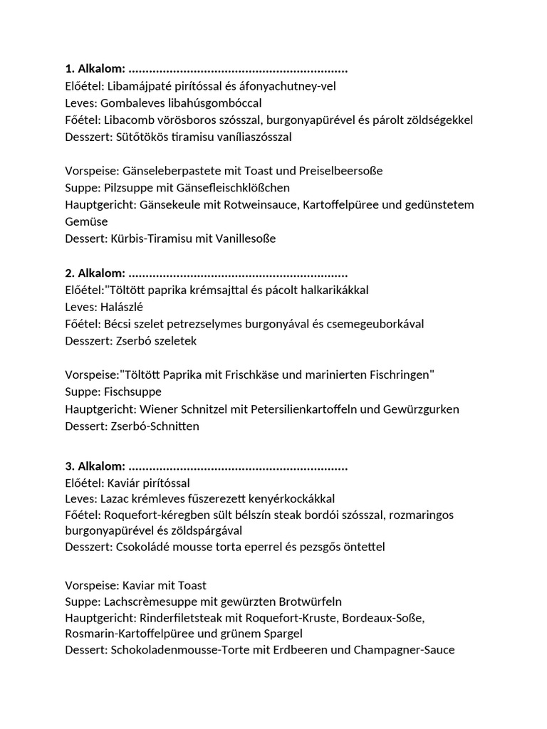 4 Fogásos Menüsorok | PDF