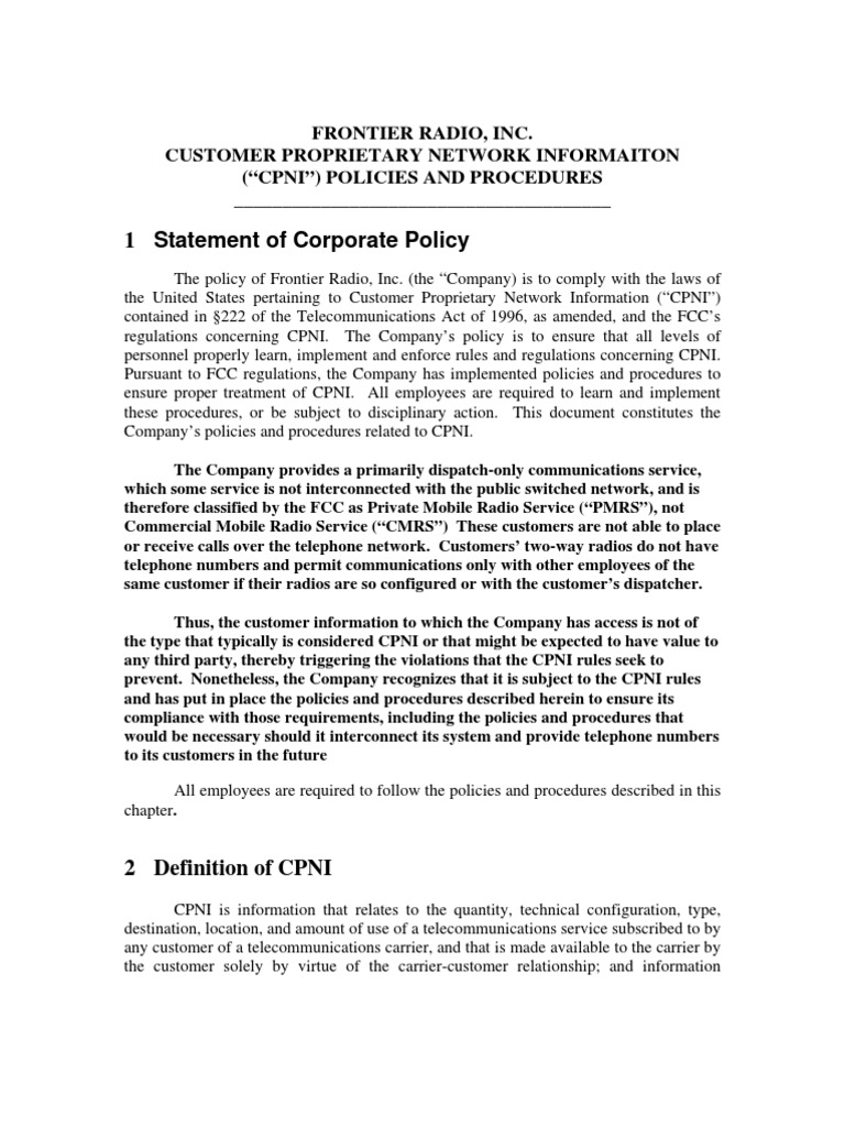 Frontier, CPNI Manual | PDF | Federal Communications Commission ...