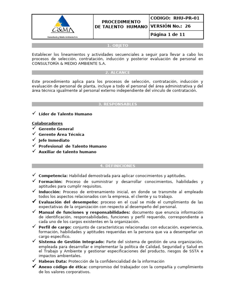 Rhu-Pr-01 Procedimiento de Talento Humano | PDF | Valores | Business