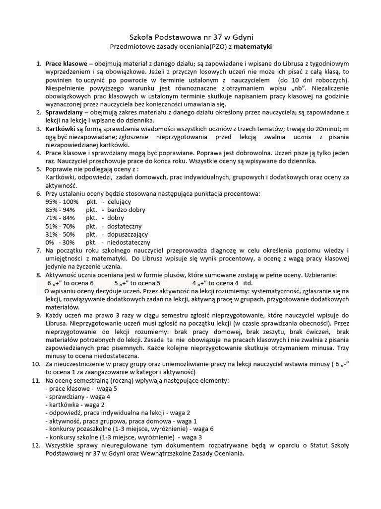 Szkoła Podstawowa NR 37 W Gdyni: Przedmiotowe Zasady Oceniania (PZO) Z | PDF