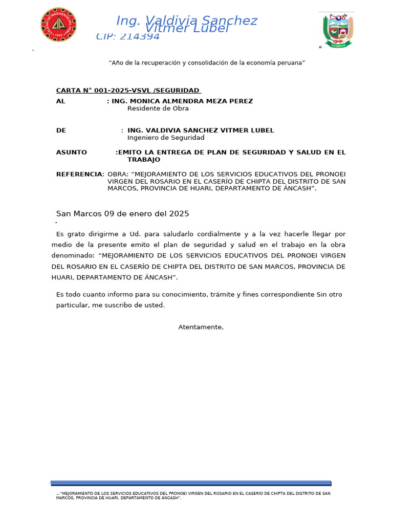 Carta de Entrega de Plan de Seguridad | PDF