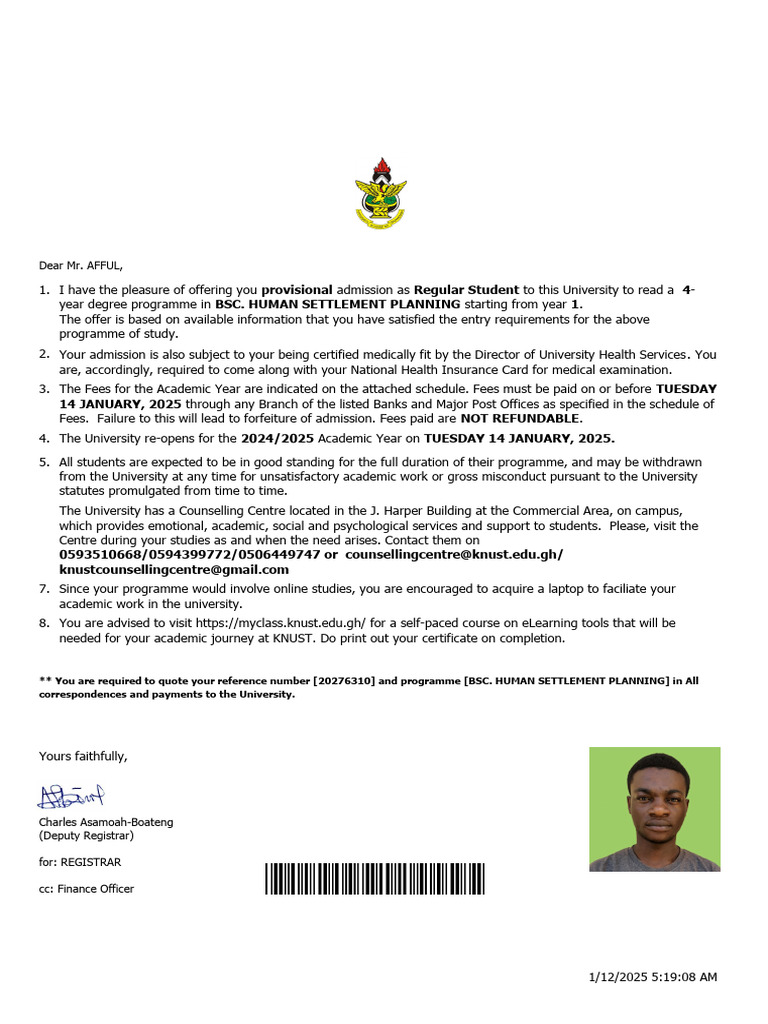 Provisional Admission Letter | PDF