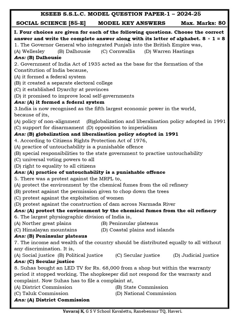 SSLC Social Science Model Paper 2024-25 | PDF