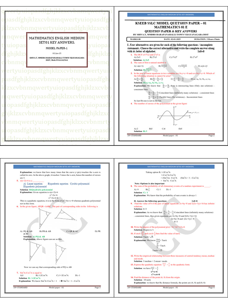 SSLC Model Paper Maths 1 Key Amk | PDF | Quadratic Equation | Equations