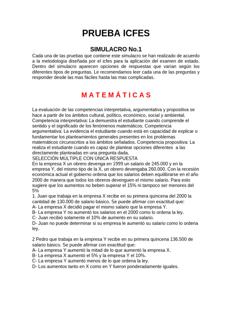 Simulacro ICFES 2001: Pruebas Matemáticas y Físicas | PDF | Salario