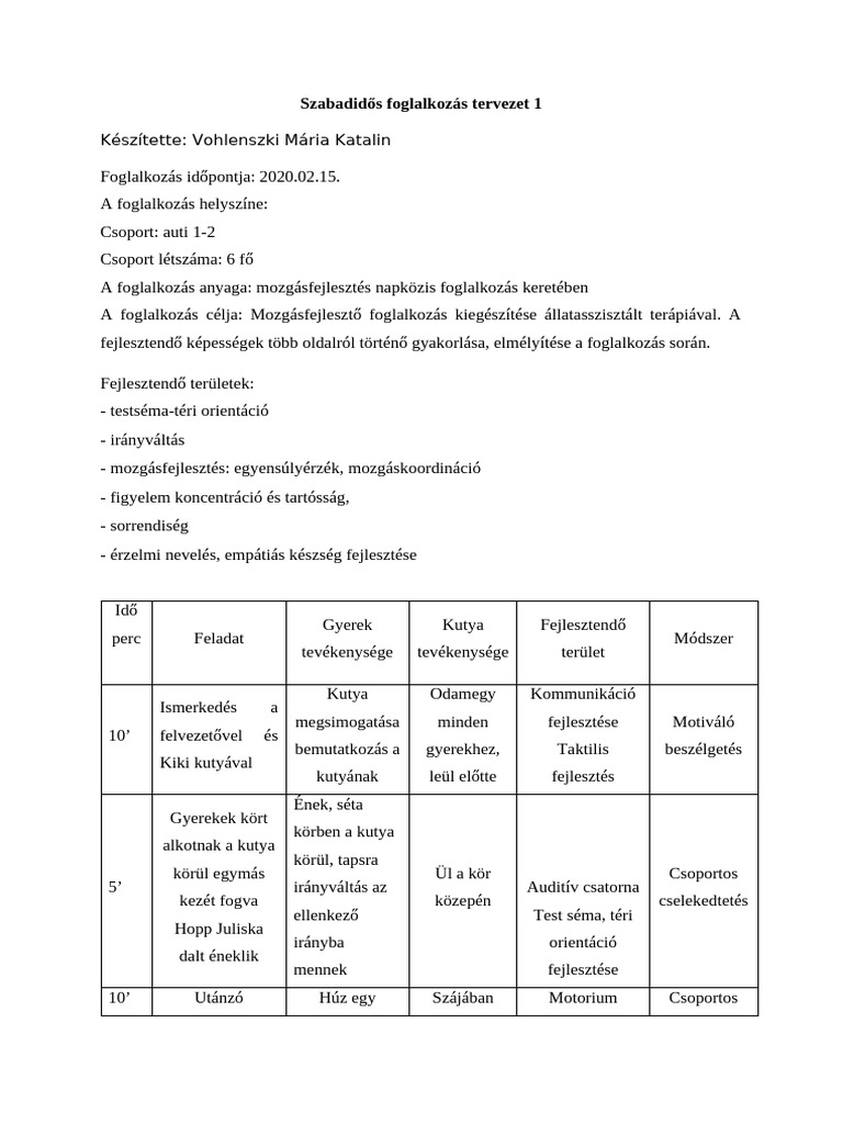 Szabadidős Foglalkozás Tervezet 1 | PDF