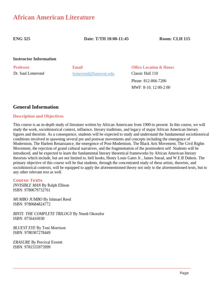 African American Literature Syllabus | PDF | Academic Dishonesty