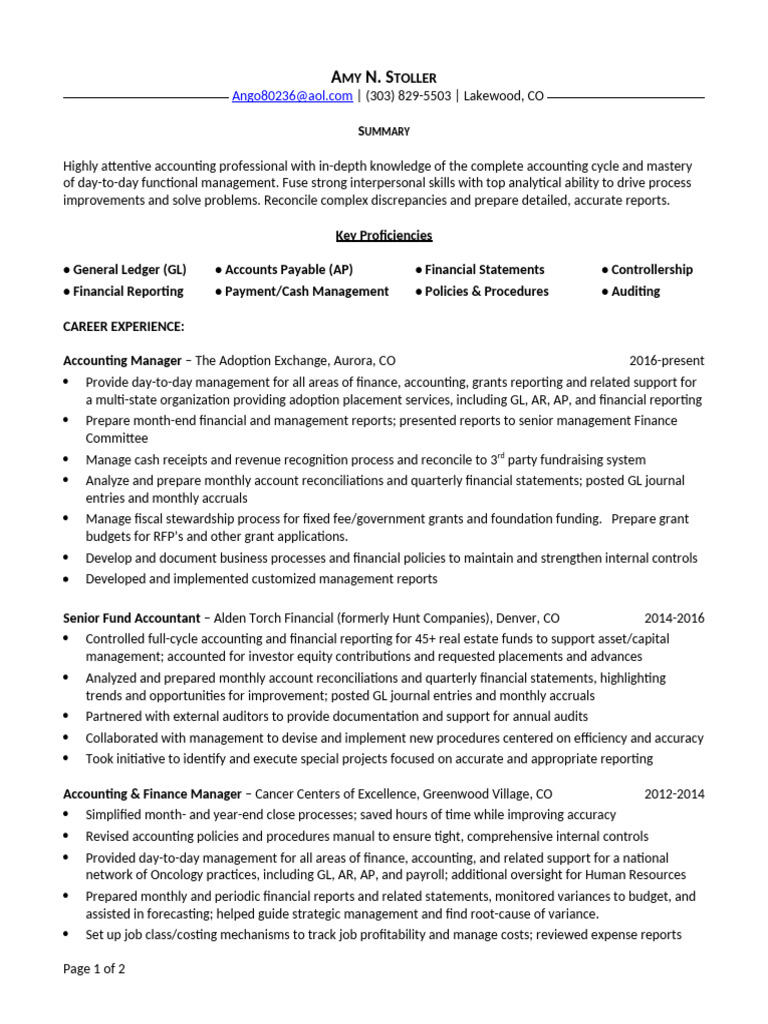 Amy_Stoller_resume | PDF | Financial Statement | Audit