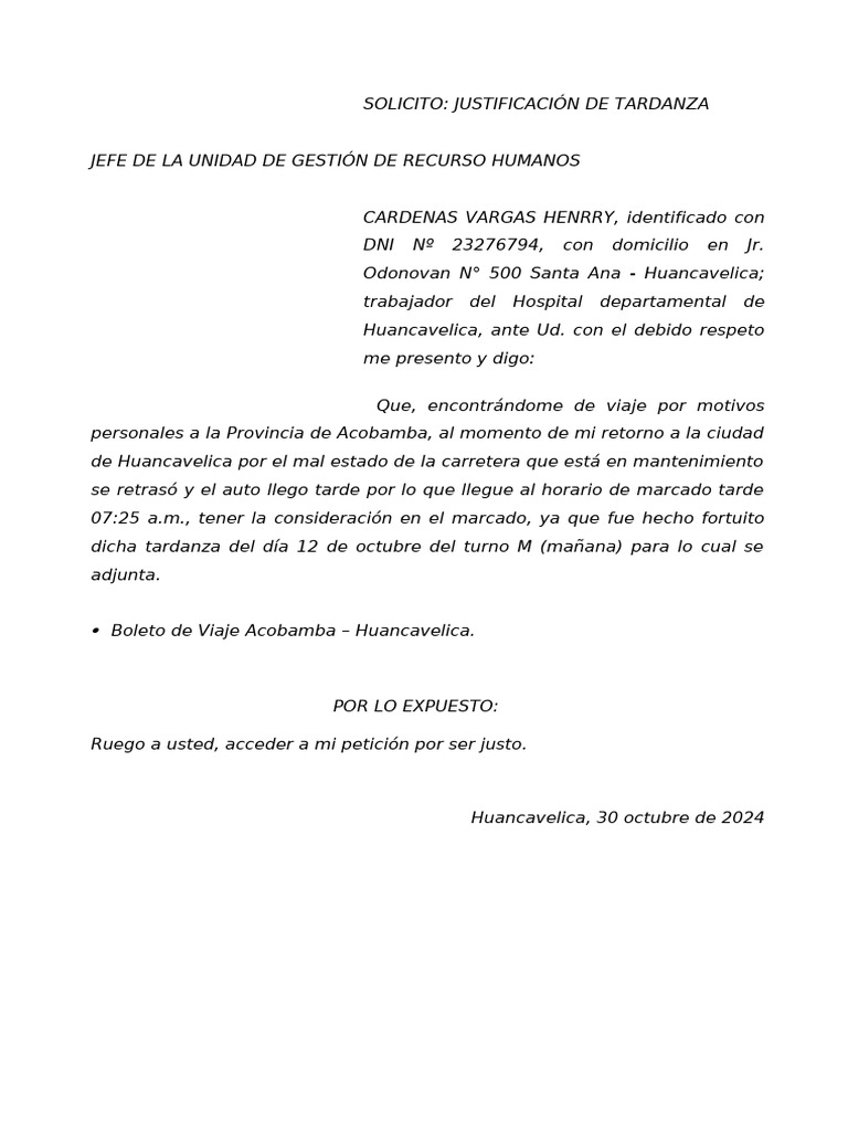 Solicito 9- JUSTIFICACION DE TARDANZA henry | PDF