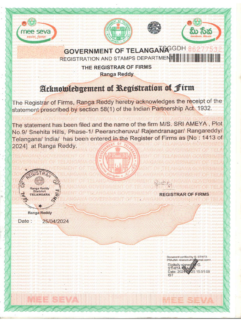 Sri Ameya Firm Registration Certificate | PDF