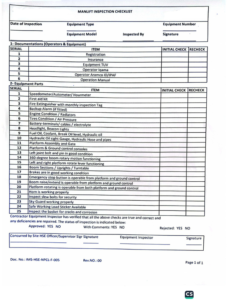 Manlift Checklist | PDF