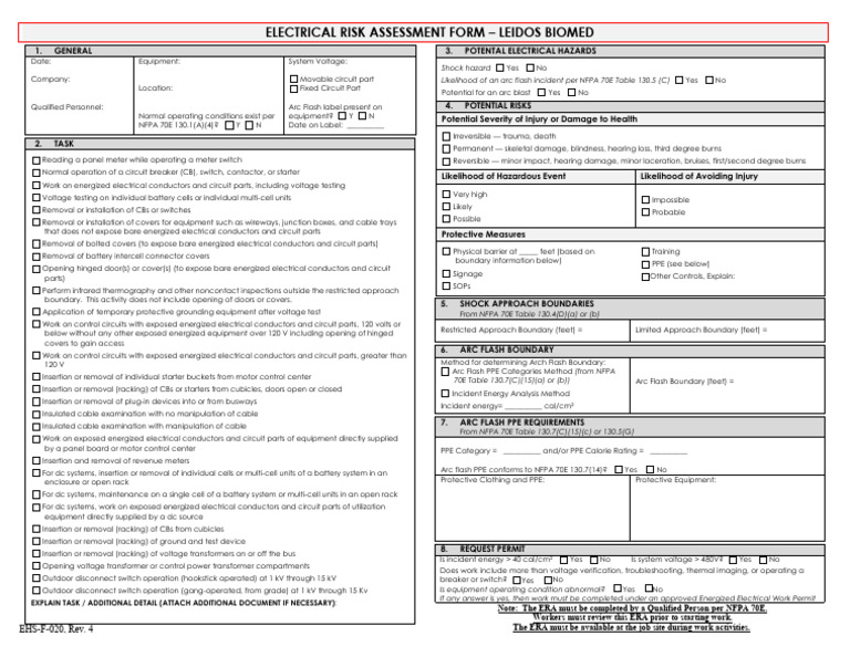 EHS-F-020 Electrical Risk Assessment Form Rev4 | PDF | Electromagnetism ...