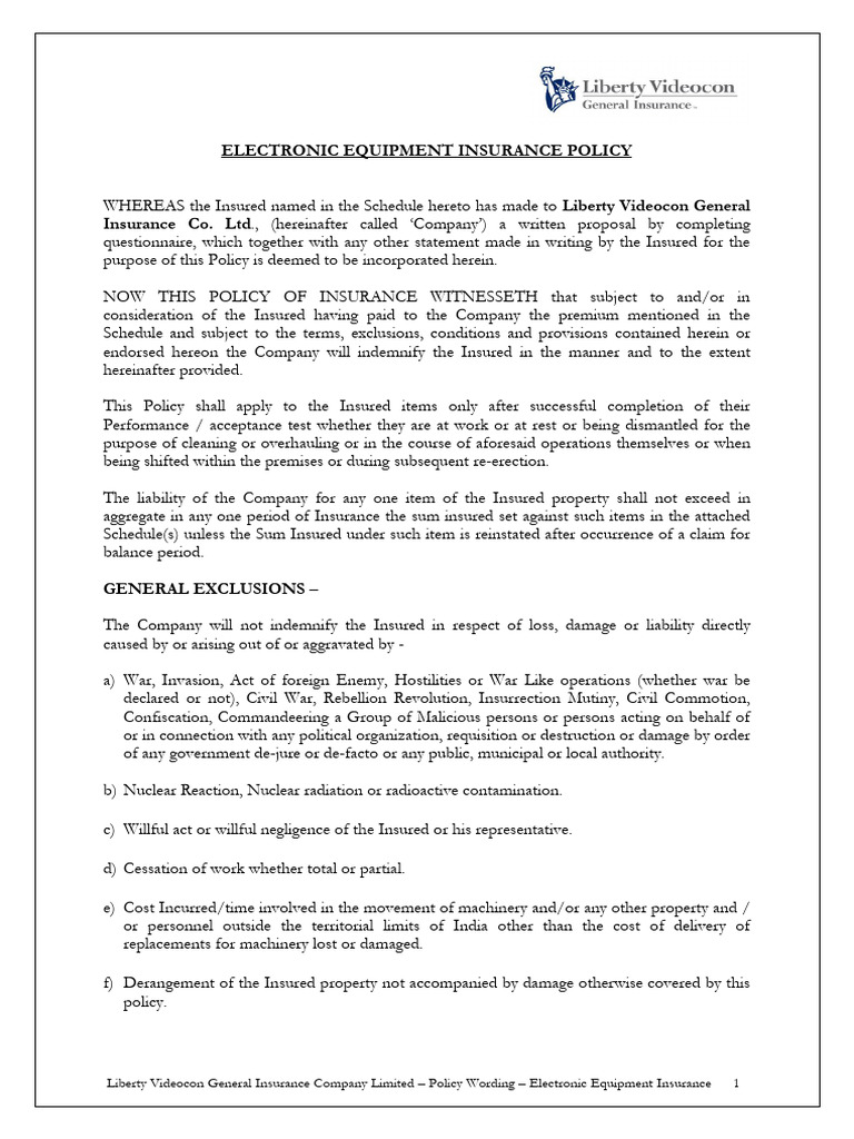 115..EEI - Policy Wording - GEN697 | PDF | Indemnity | Insurance