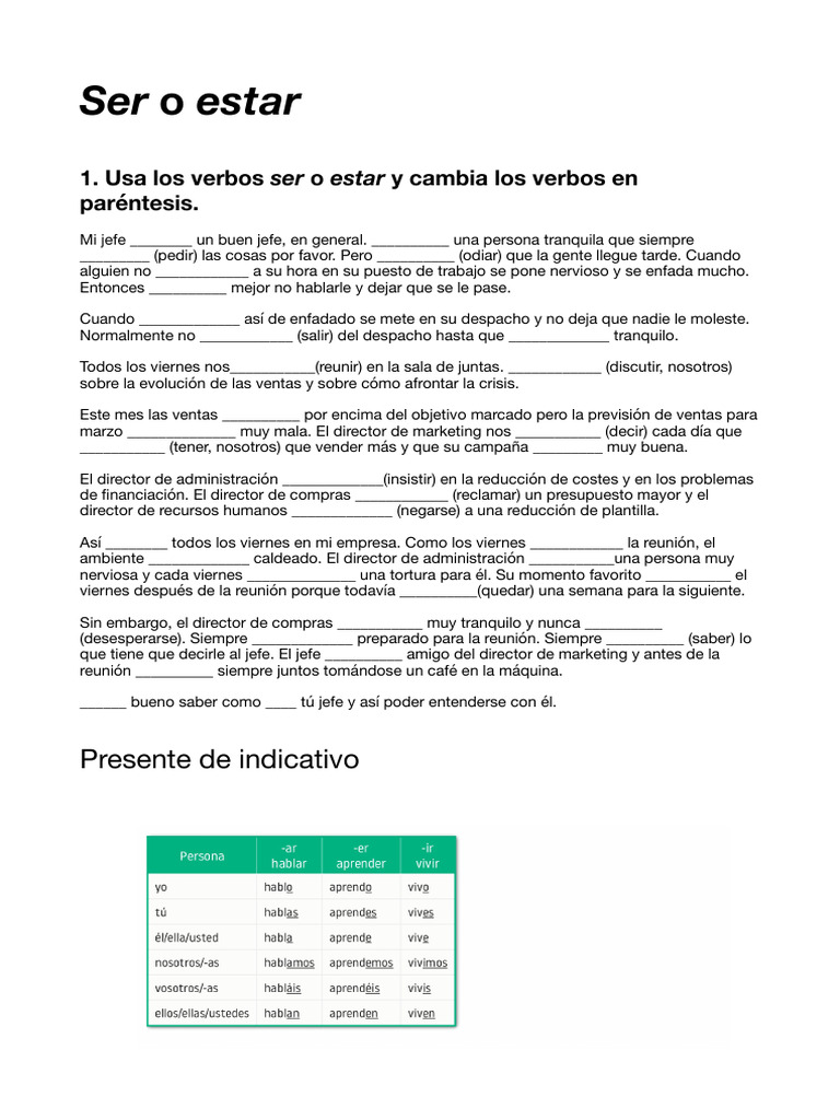 Ejercicios Ser o Estar (ELE) 1 | PDF