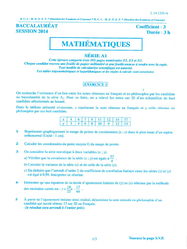 Bac A1 Math 2014 | PDF