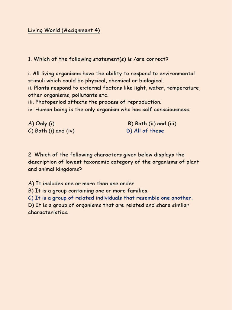 Living World: Biology Assignment Quiz | PDF | Genus | Taxonomy (Biology)
