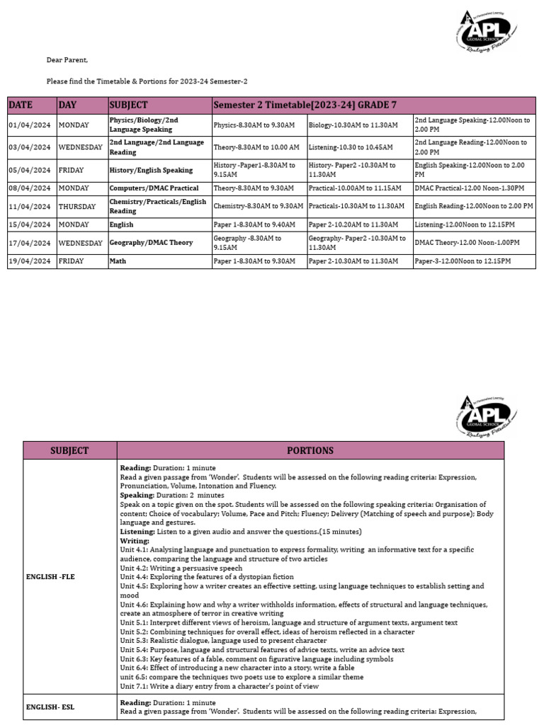 Grade 7 Semester 2 Timetable 2023-24 | PDF | Html | Adjective