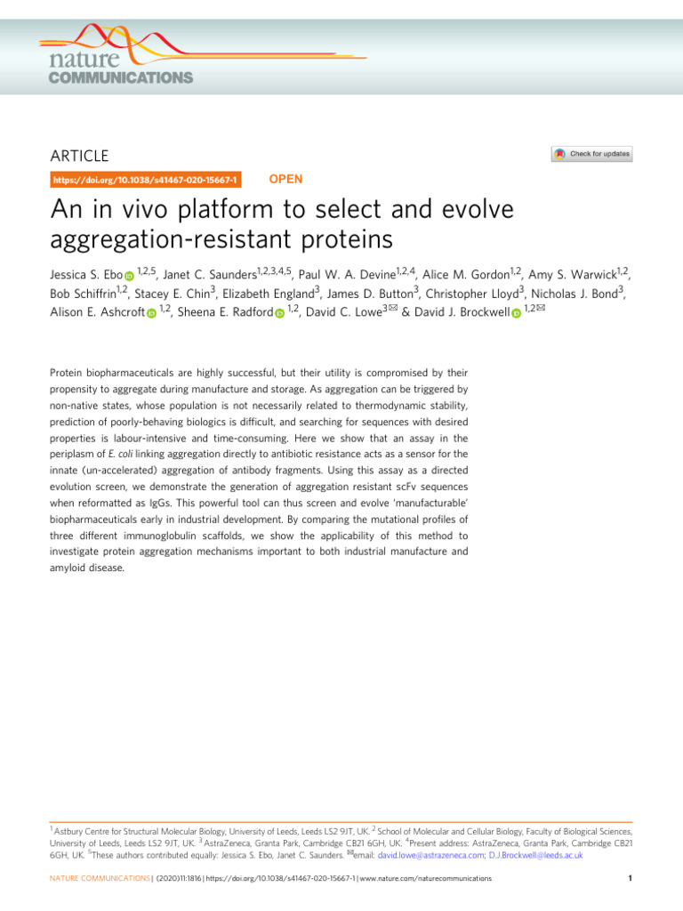 1 An in Vivo Platform To Select and Evolve Aggregation-Resistant ...