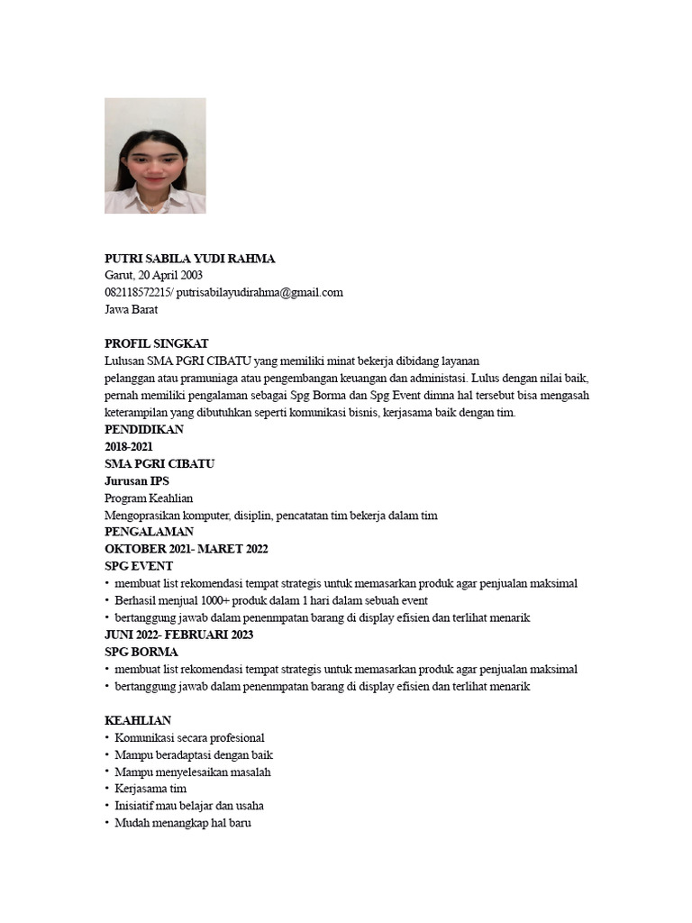 PutriSabila Cv 2 | PDF