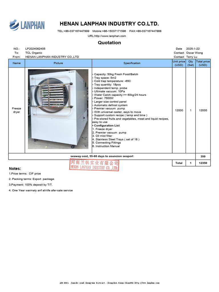 Quote of 50kg Freeze Dryer With Seaway Cost | PDF