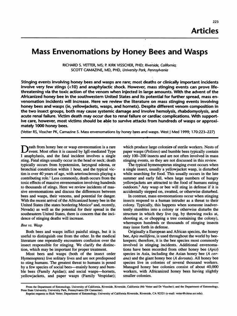 Mass Envenomations by Honey Bees | PDF | Insects | Apoidea