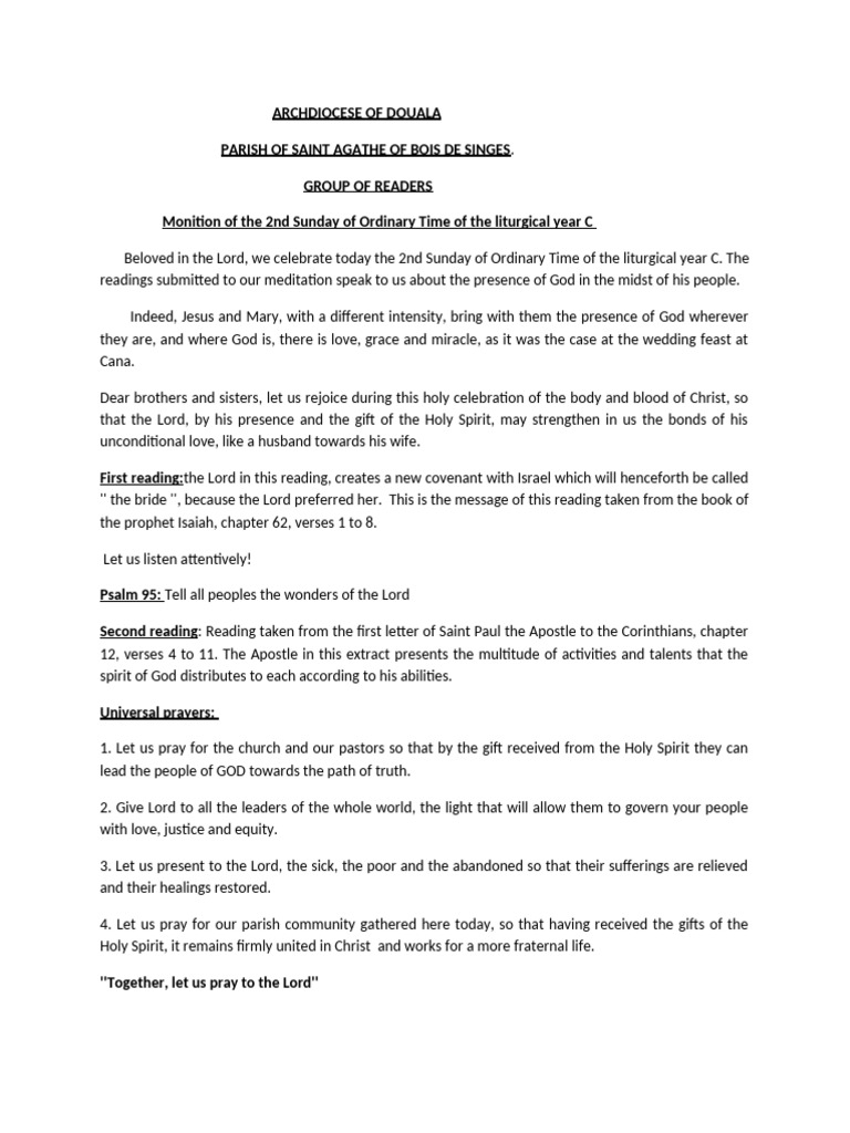 2nd Sunday Ordinary Time C Monition | PDF
