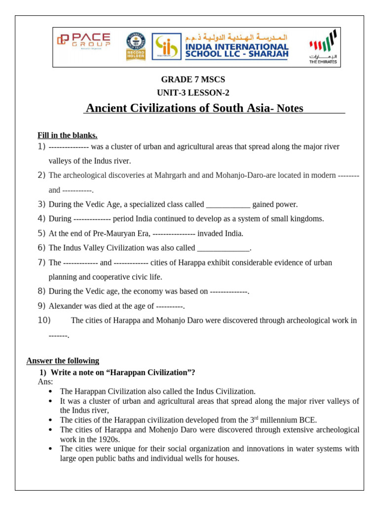 GR 7 MSCS Ancient Civilization of South Asia-Notes | PDF