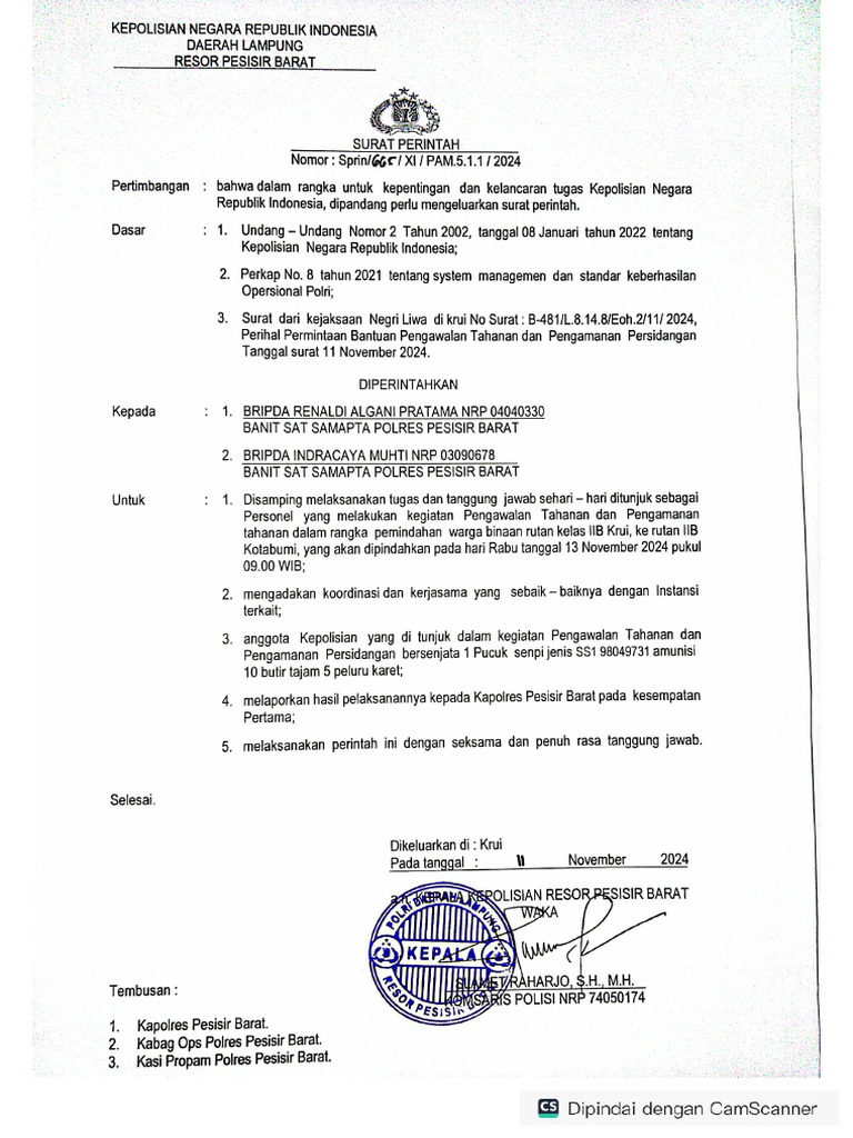 SPRIN PENGAWALAN TAHANAN DALAM RANGKA PEMINDAHAN WARGA BINAAN RUTAN ... SPRIN PENGAWALAN TAHANAN DALAM RANGKA PEMINDAHAN WARGA BINAAN RUTAN ...