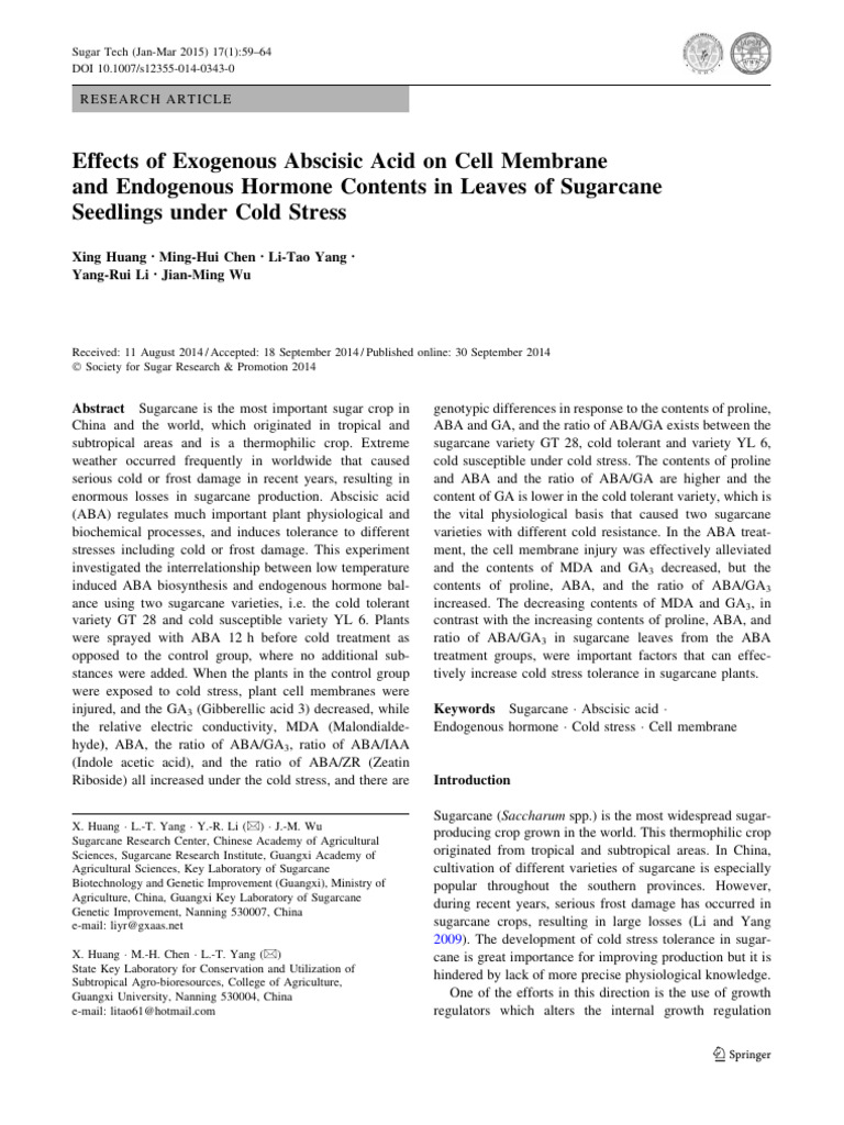 Effects of Exogenous Abscisic Acid on Cell Membrane and Endogenous ...