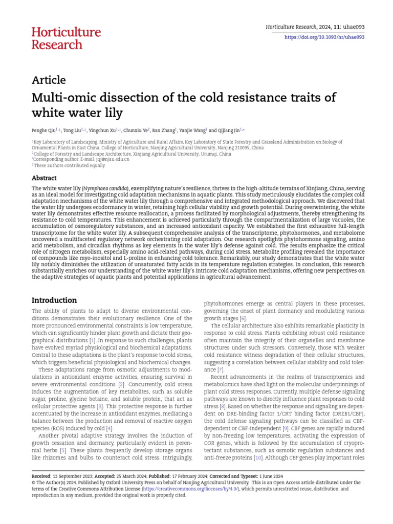 Multi-Omic Dissection of The Cold Resistance Traits of White Water Lily | PDF | Leaf | Root