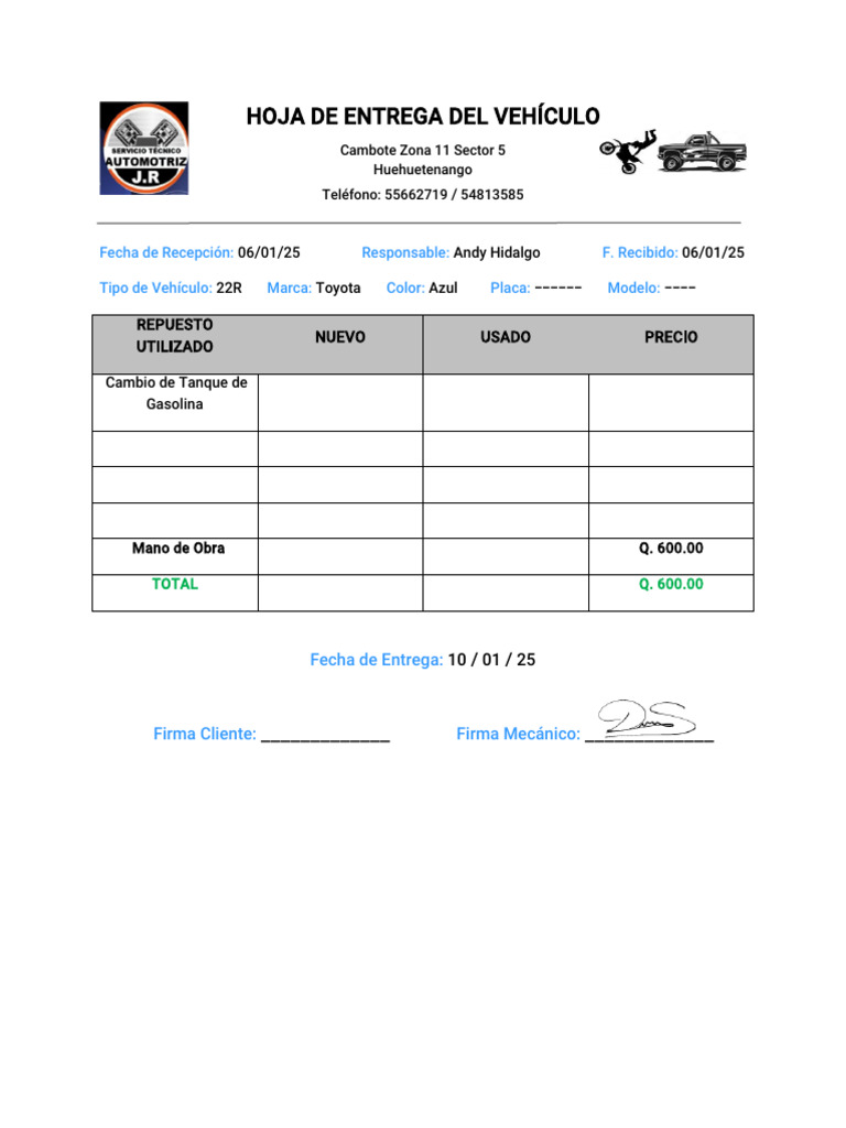 HOJA DE ENTREGA DE VEHÍCULO - 22R-TanqueGasolina-Andy | PDF