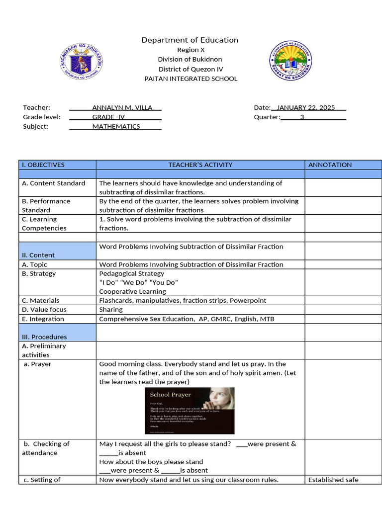 CO Q3 LP MATH (Problem Solving Involving Subtraction of Dissimilar Fraction) | PDF | Learning ...