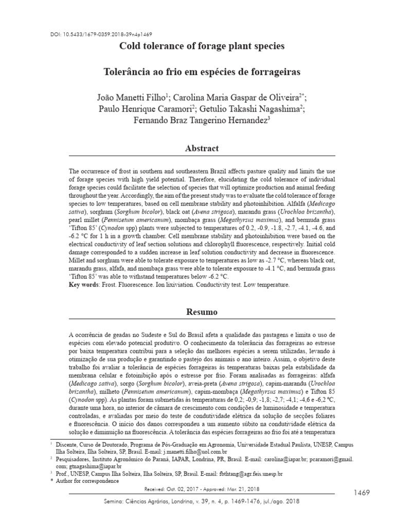 Cold Tolerance in Forage Species | PDF | Photosynthesis