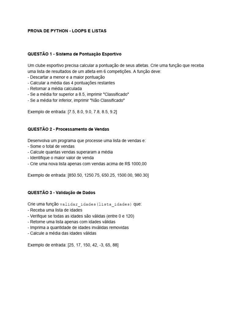Prova de Python - Loops e Listas | PDF