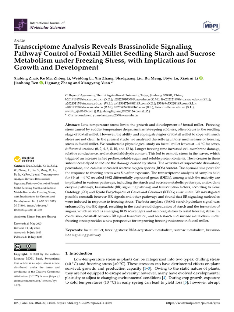 Transcriptome Analysis Reveals Brassinolide Signaling Pathway Control of Foxtail Millet Seedling ...