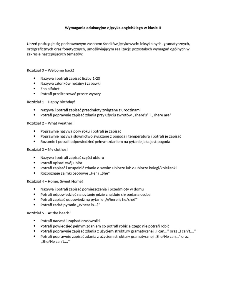 Wymagania Edukacyjne Z Języka Angielskiego W Klasie II | PDF